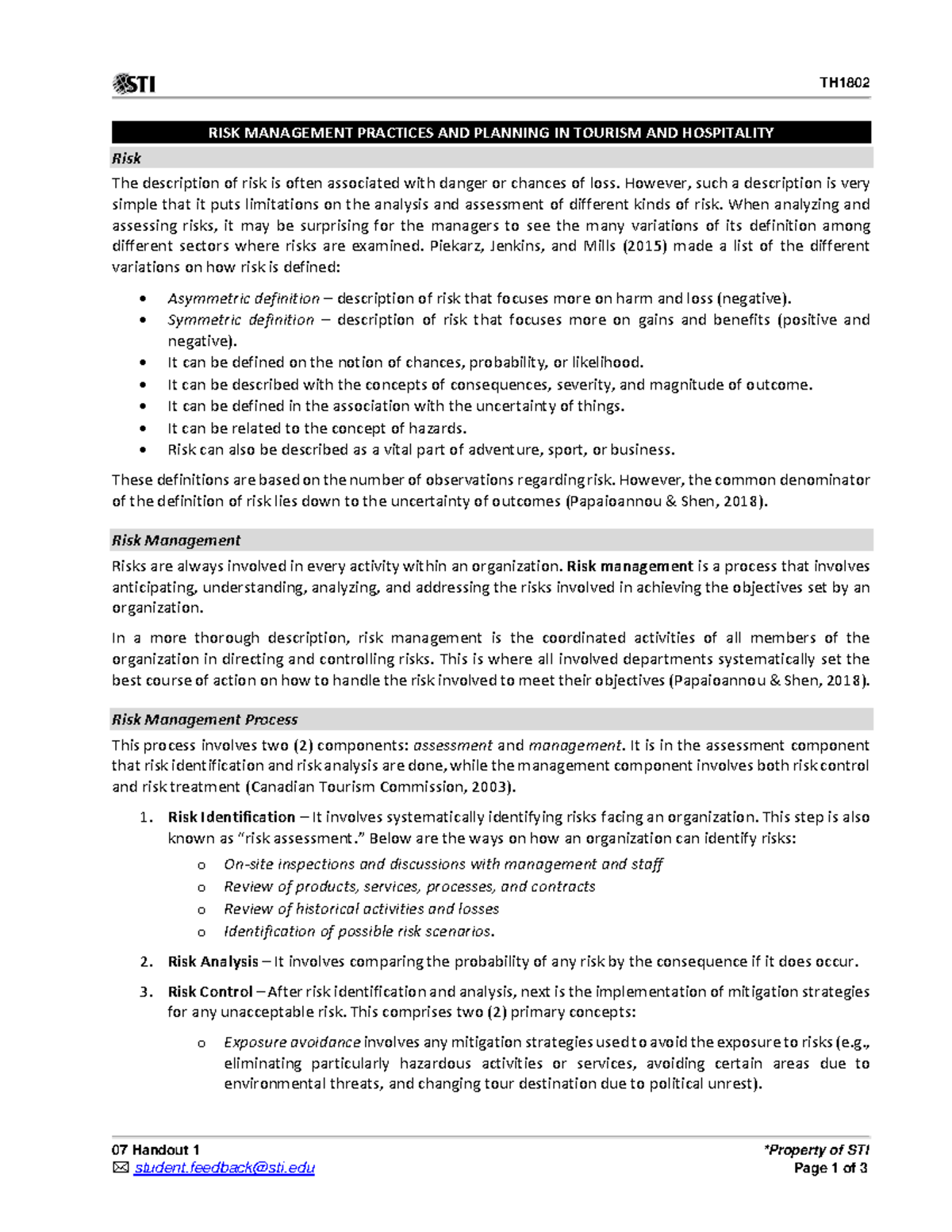 07 Handout 1 - bngc,hj,vv, - TH 07 Handout 1 *Property of STI student@sti Page 1 of 3 RISK - Studocu