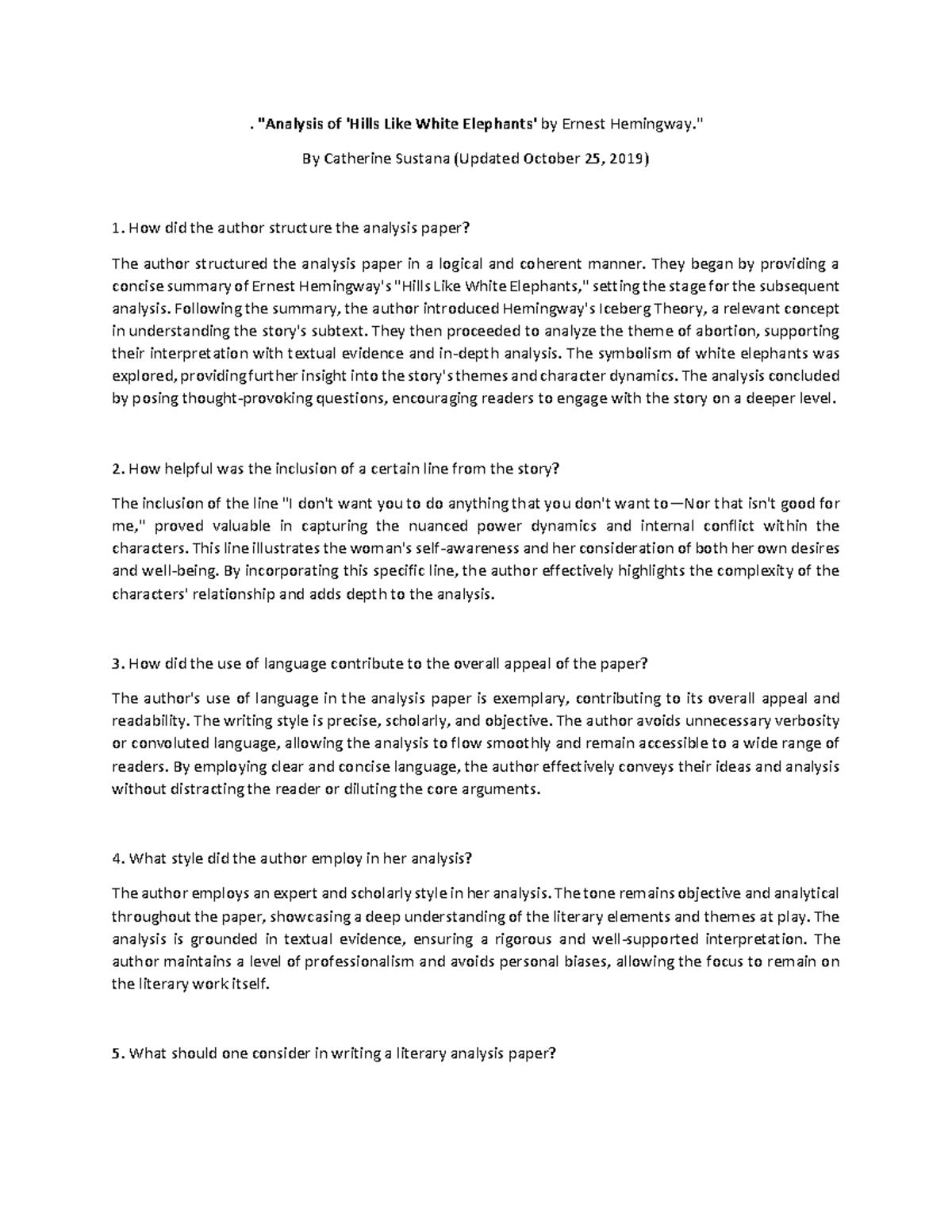 Analysis Paper - . "Analysis of 'Hills Like White Elephants' by Ernest ...