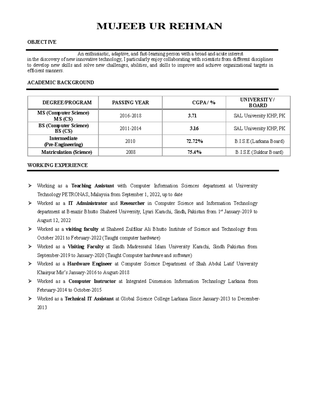 Mujeeb UR Rehman - this is for the undergraduate students - MUJEEB UR REHMAN OBJECTIVE An - Studocu