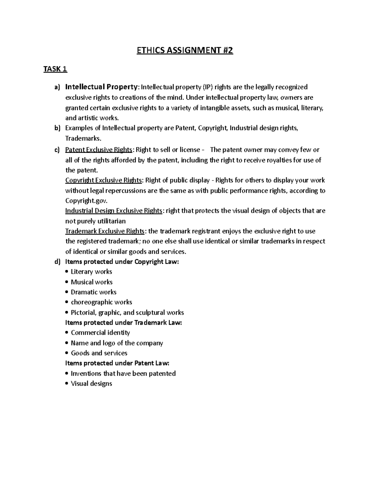 Ethics Assignment Ethics Assignment Task 1 A Intellectual Property Intellectual Property Ip