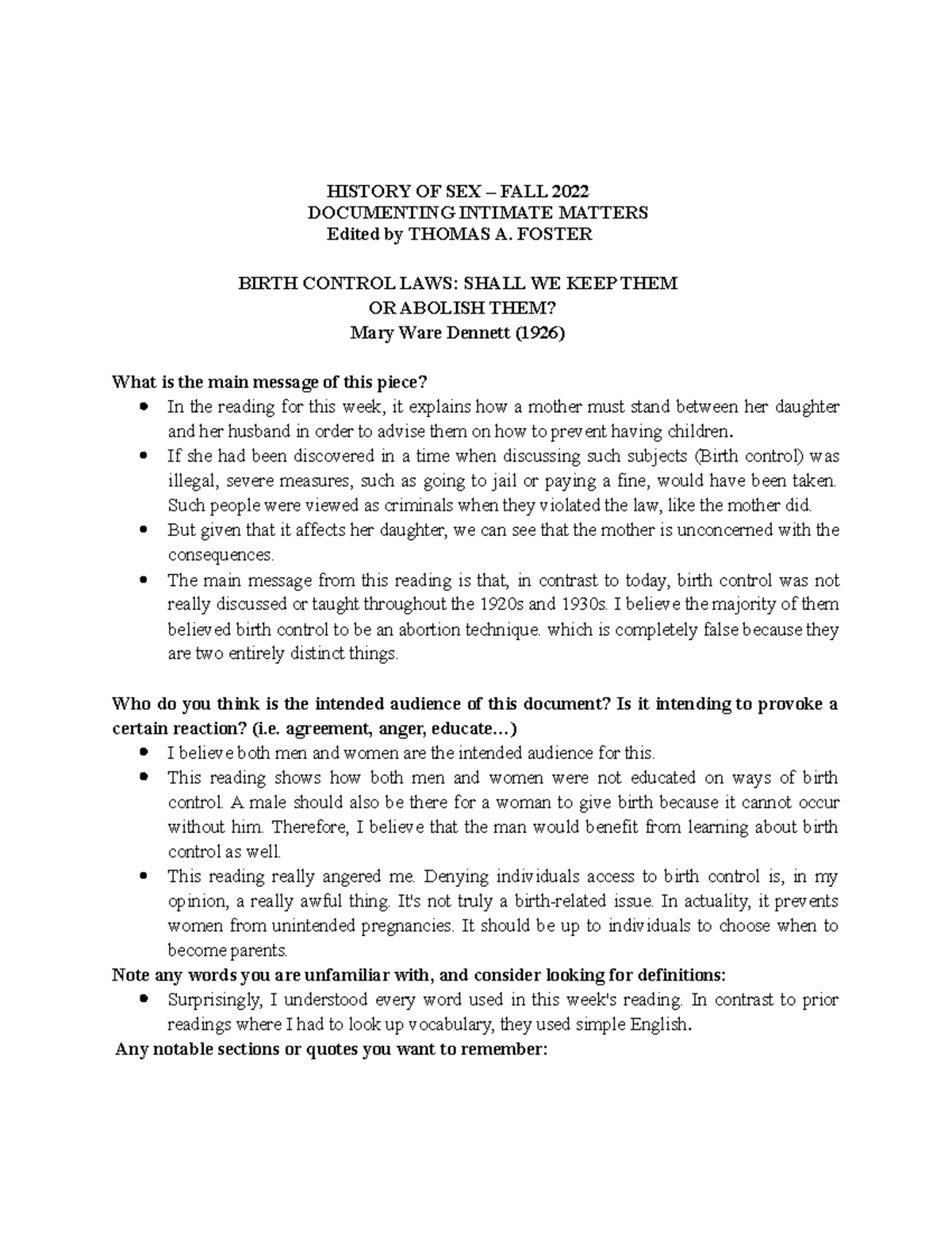 Week 4 journal entry - Practice material - HISTORY OF SEX – FALL 2022 ...