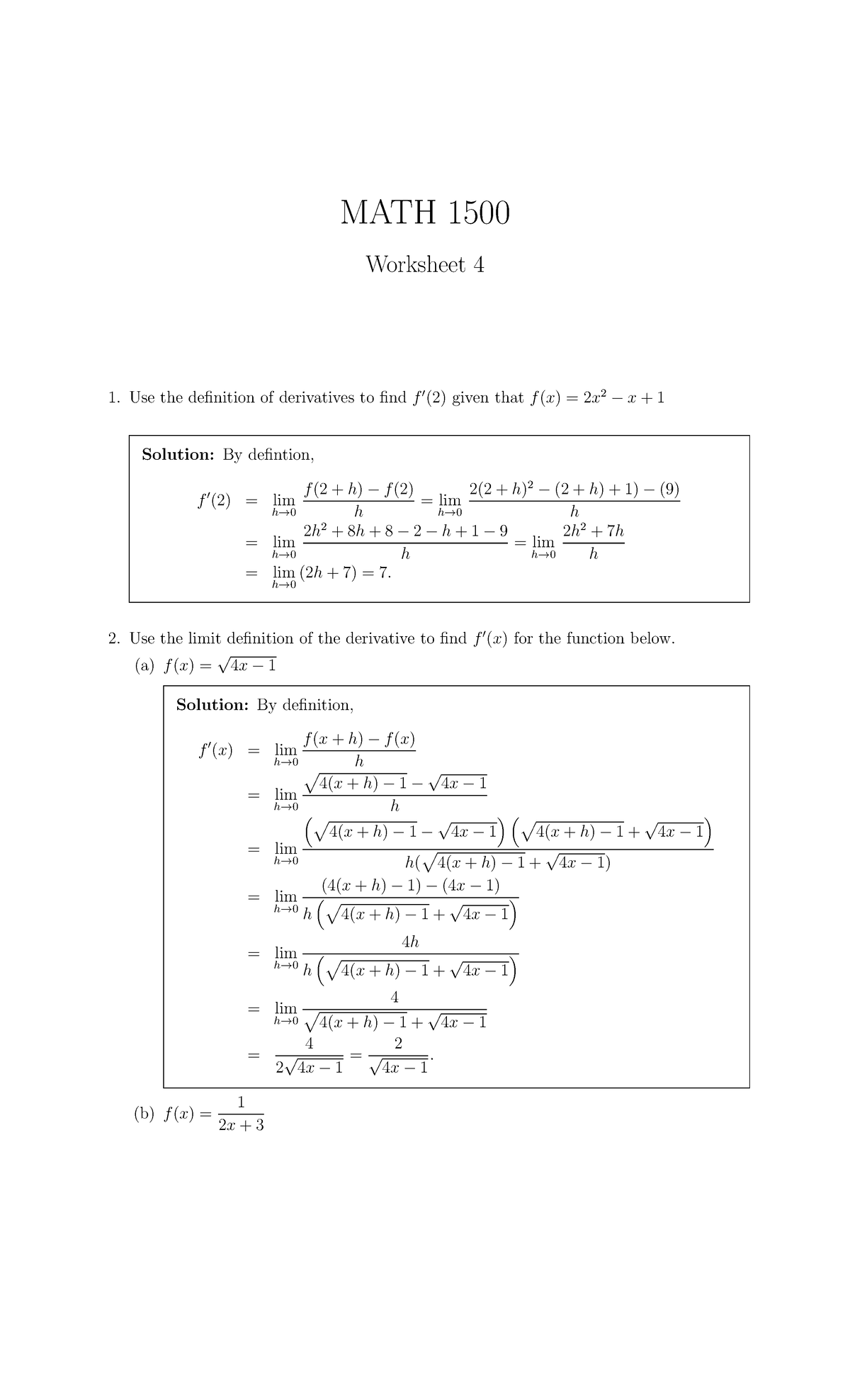 Worksheet 4 Solutions F22 - MATH 1500 Worksheet 4 Use the definition of ...