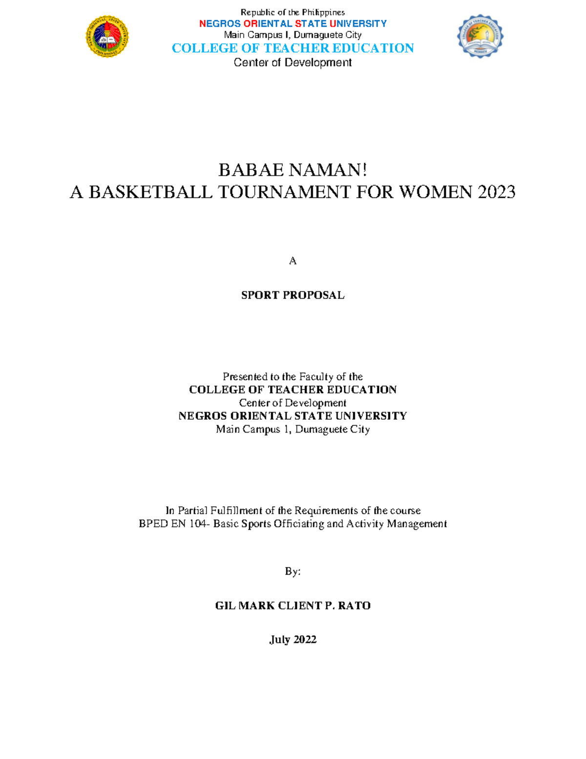 Sports proposal - NEGROS ORIENTAL STATE UNIVERSITY Main Campus I ...