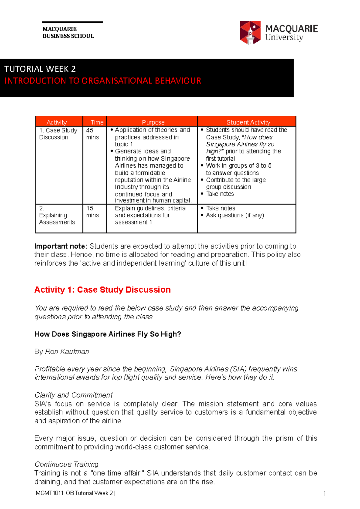 MGMT1011 Tutorial Week 2 - Activity Time Purpose Student Activity Case ...