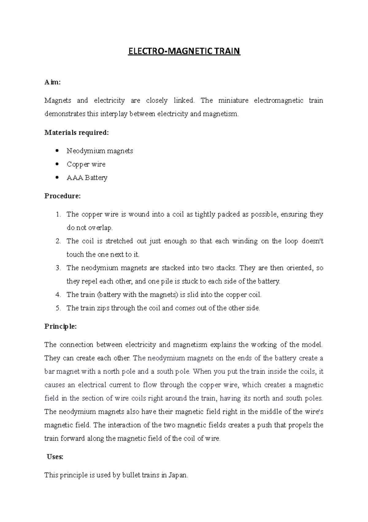 Electromagnetic train - ELECTRO-MAGNETIC TRAIN Aim: Magnets and electricity are closely linked ...