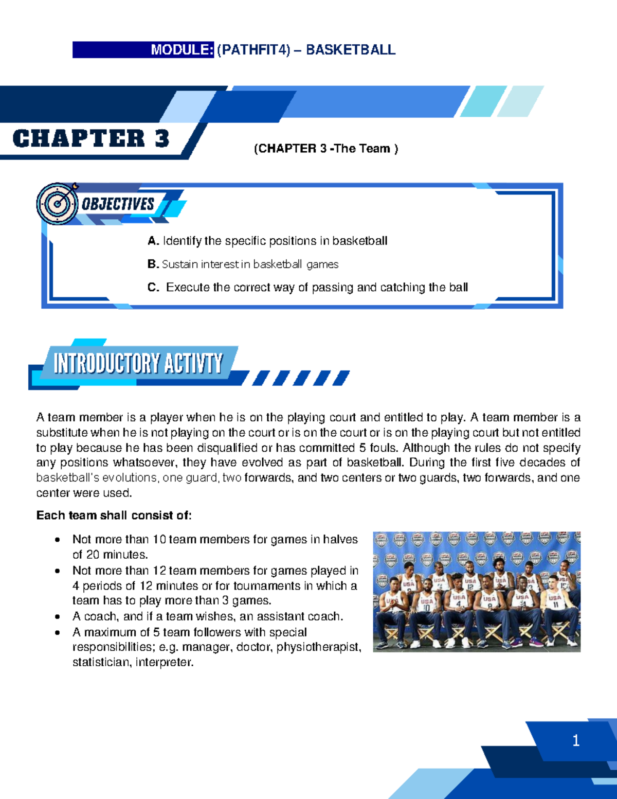 PE 4 Pathfit 4 - Chapter 3 - (CHAPTER 3 - The Team ) A. Identify the ...