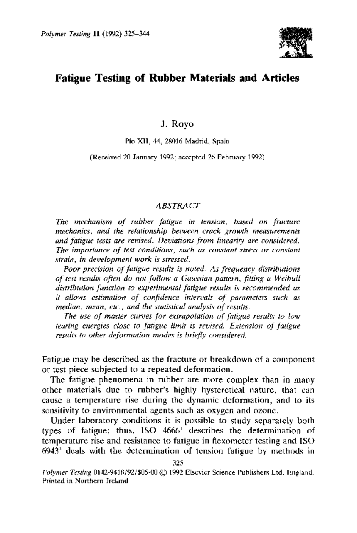 Rubber - Essay - Polymer Testing U (1992) 325- Fatigue Testing of ...