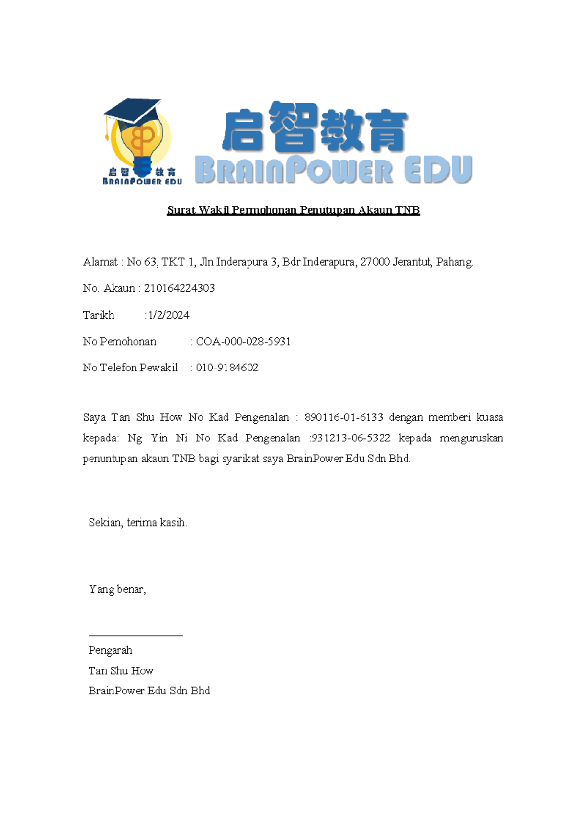 Tenaga Nasional Berhad - Surat Wakil Permohonan Penutupan Akaun TNB ...