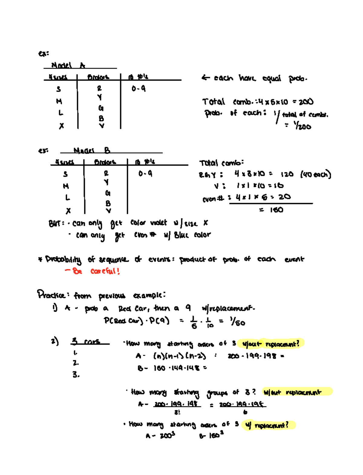 Permutations and Combinations Recap; Conditional Probability - ex Model A 4 sizes Scolous 10 s t ...