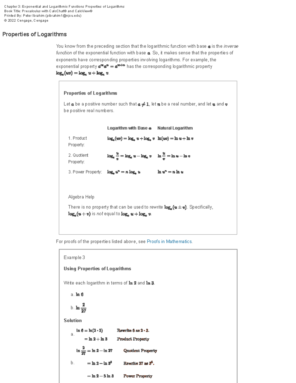 Gd - worksheet - Chapter 3: Exponential and Logarithmic Functions Properties of Logarithms Book ...