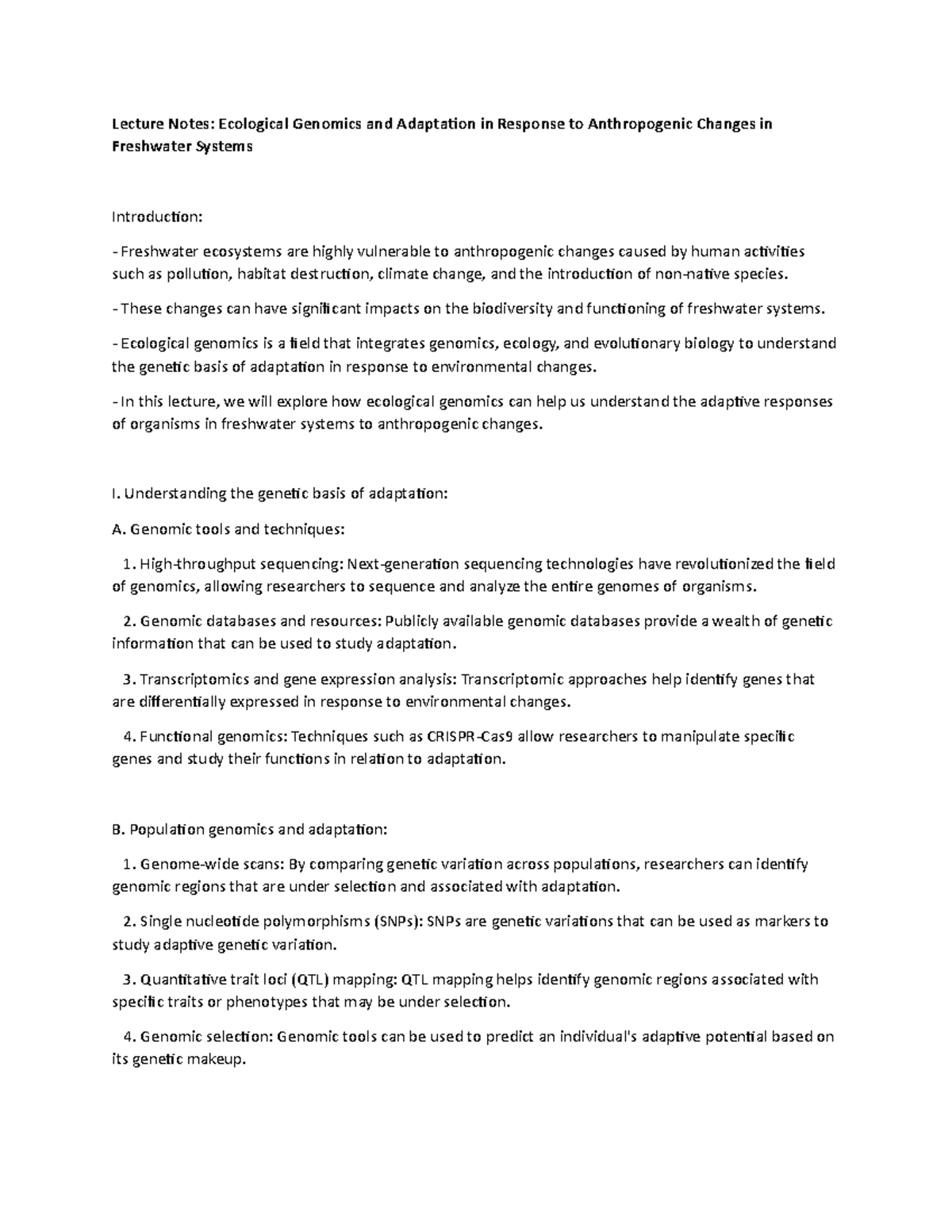 Ecological Genomics and Adaptation in Freshwater Systems - Studocu