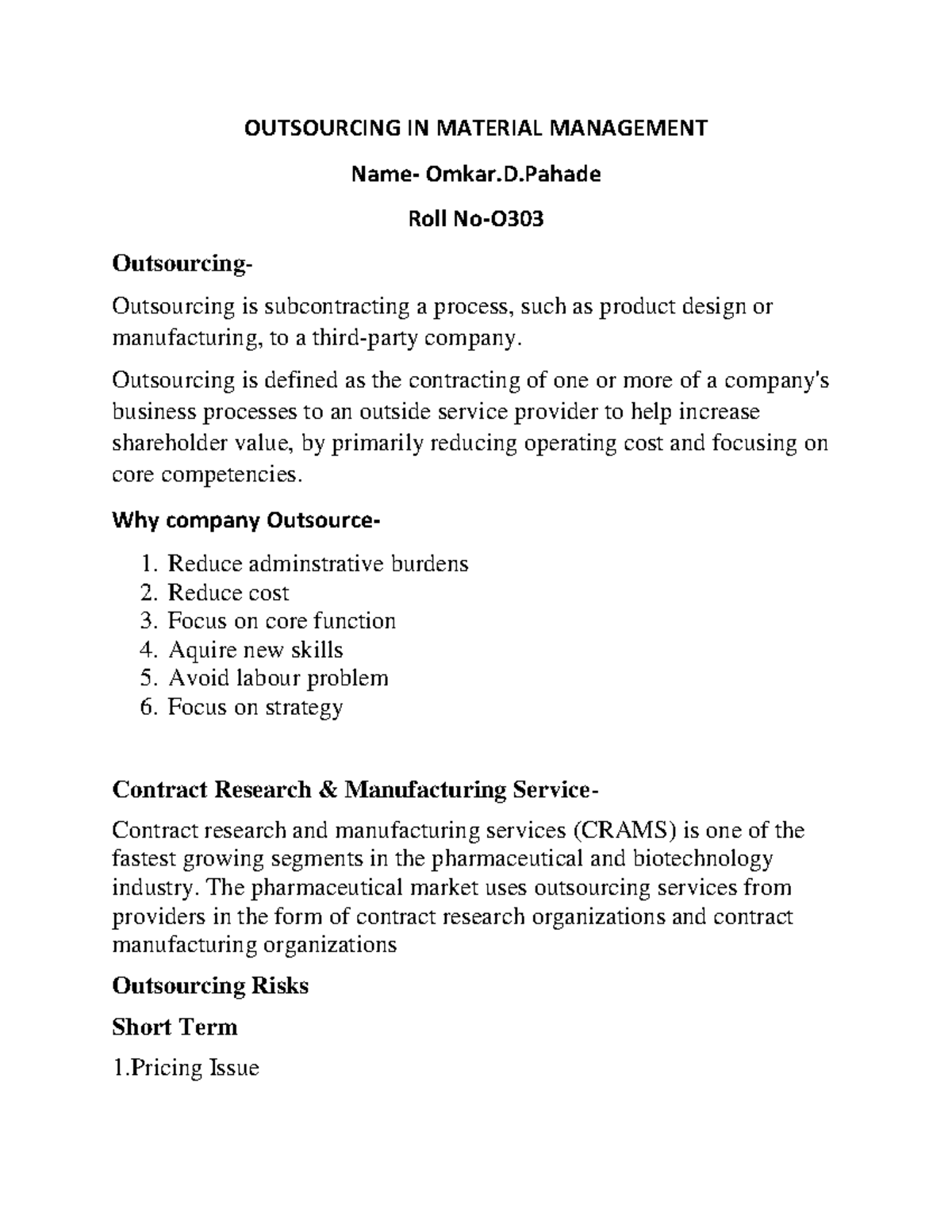 Material Management O303 - OUTSOURCING IN MATERIAL MANAGEMENT Name ...
