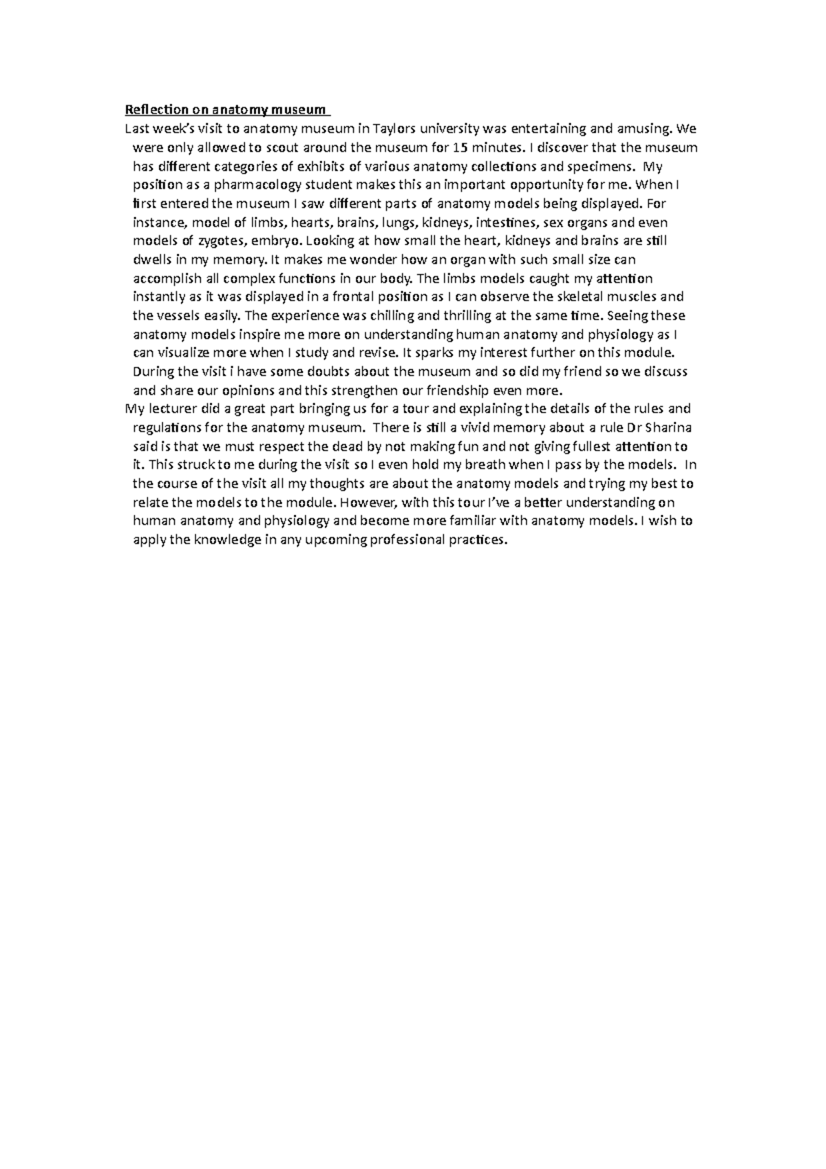 Reflection on anatomy museum - We were only allowed to scout around the ...