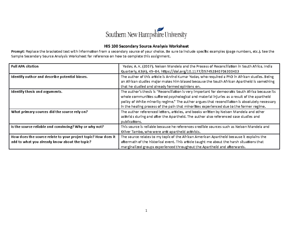 HIS 100 Secondary Source Analysis Worksheet - HIS 100 Secondary Source ...