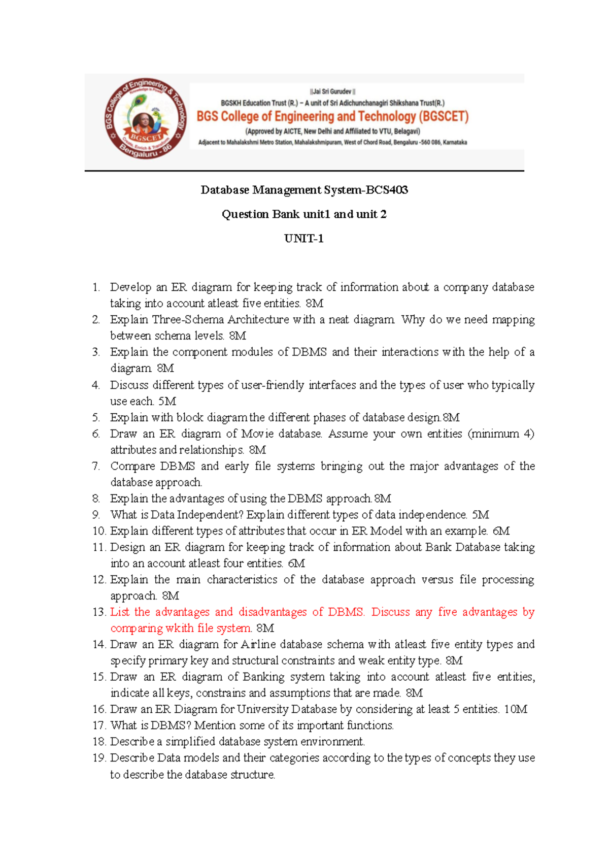 Question bank-unit1 and 2 - Database Management System-BCS Question Bank unit1 and unit 2 UNIT ...