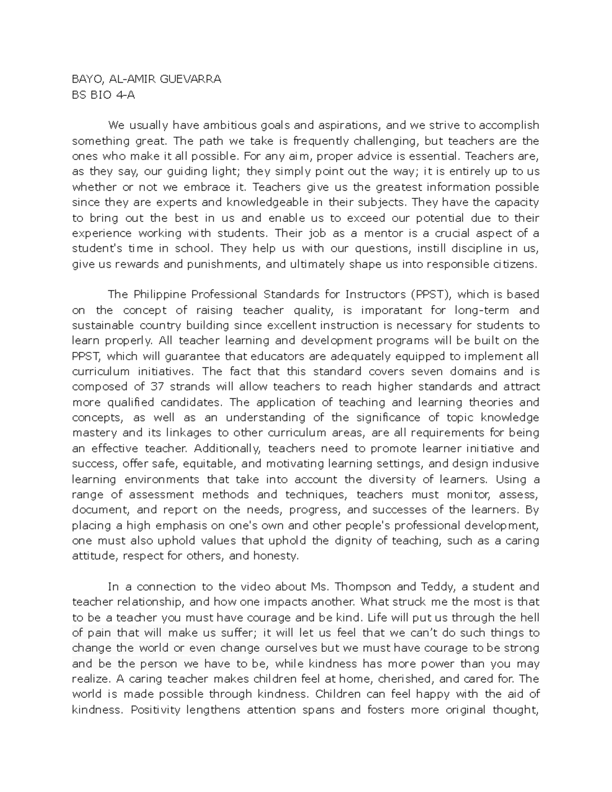 (BAYO) Bioed 101 Reflection Paper - BAYO, AL-AMIR GUEVARRA BS BIO 4-A ...