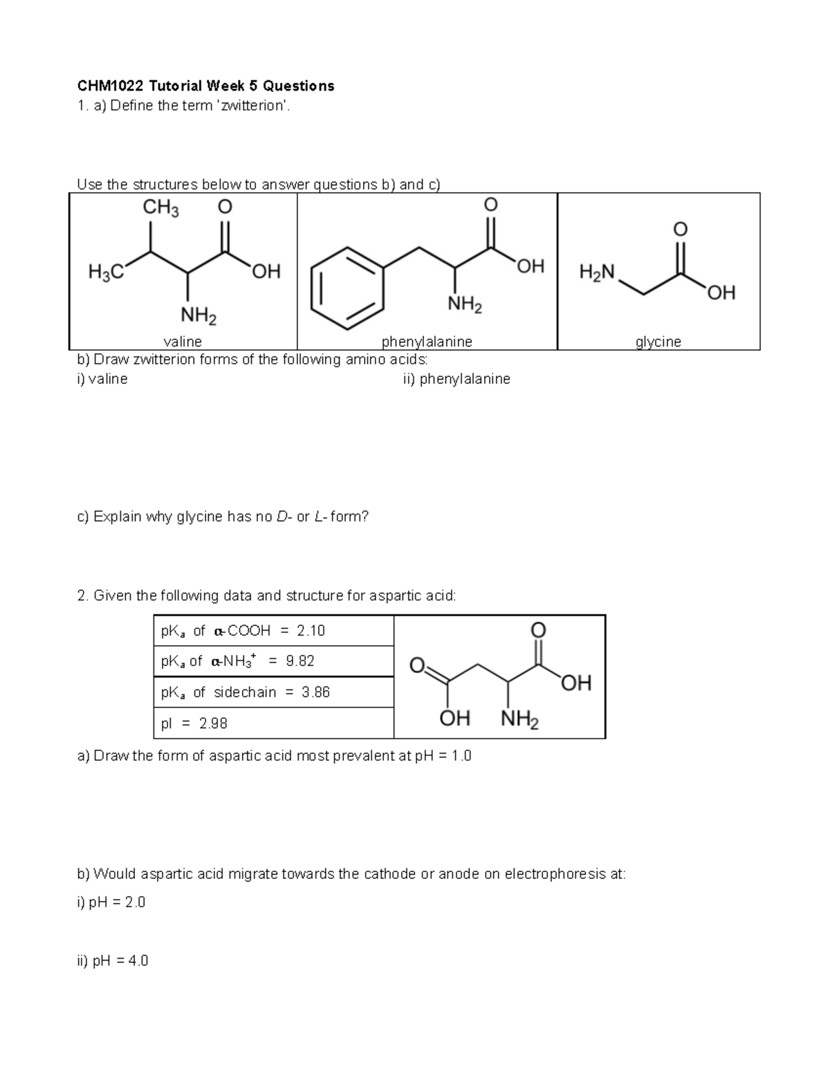 Tutorial 5 CHM1022 - CHM1022 Tutorial Week 5 Questions 1. a) Define the term Use the structures ...