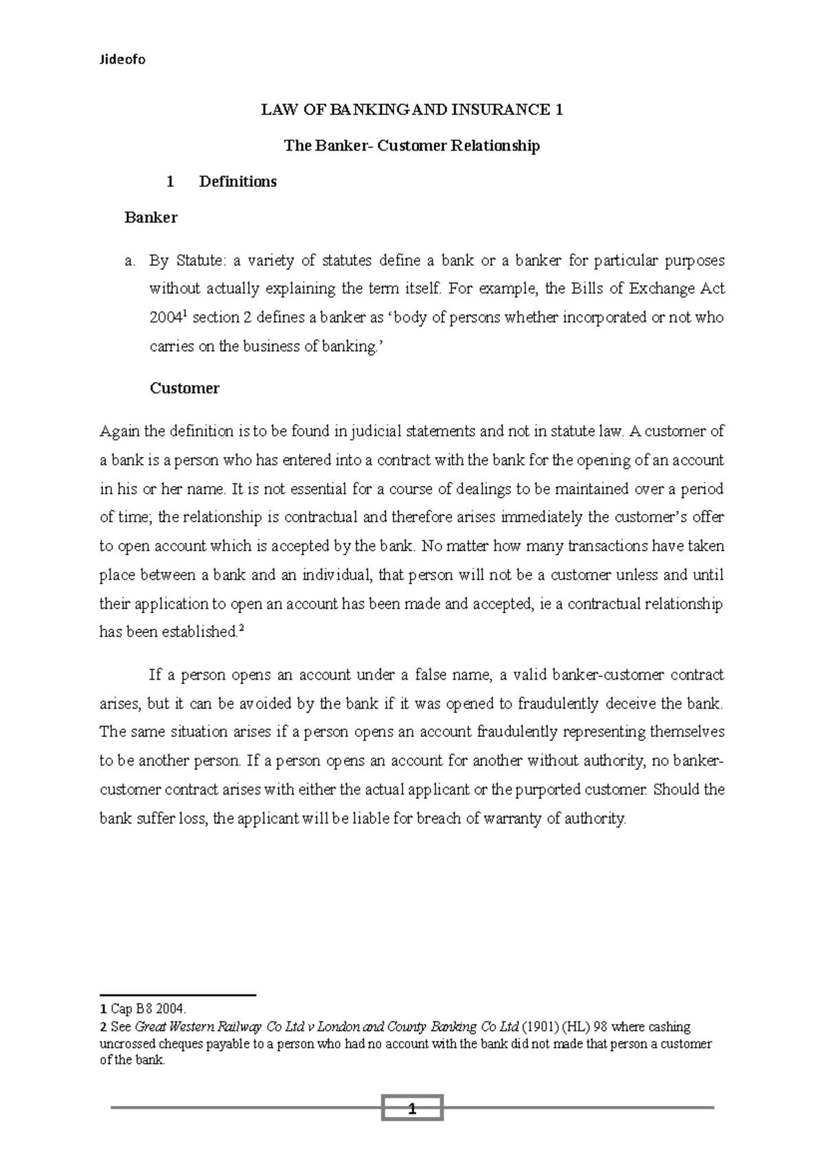 NOTE ON Banking LAW 1 - Lecture notes 4 - LAW OF BANKING AND INSURANCE ...