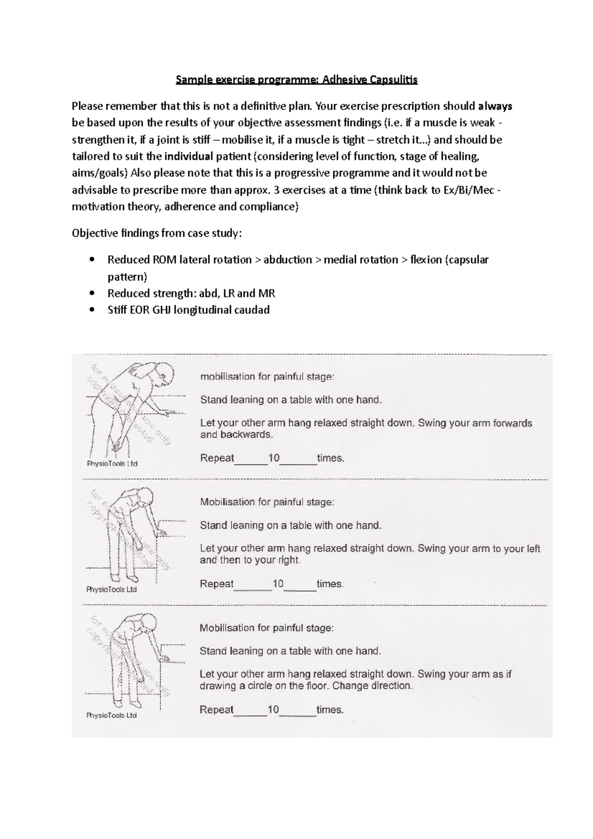 Adhesive capsulitis - Sample exercise programme: Adhesive Capsulitis ...