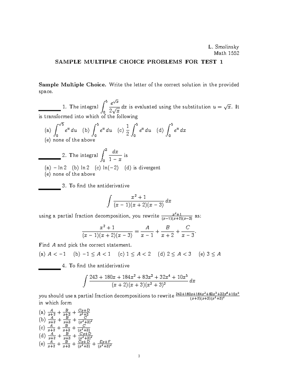 Exam 1 Sample Multiple Choice (1552) - L. Smolinsky Math 1552 SAMPLE ...