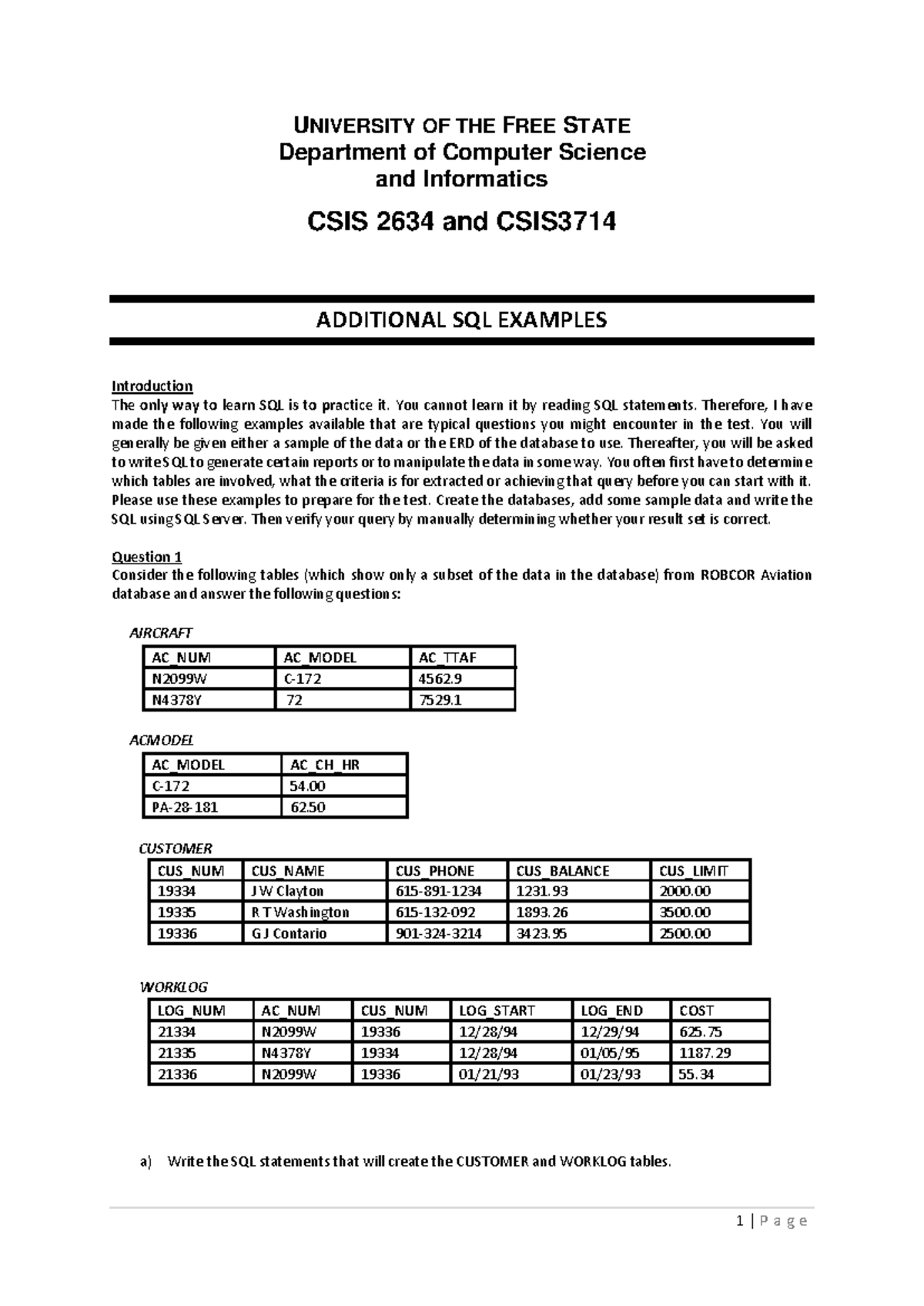 Additional SQL - UNIVERSITY OF THE FREE STATE Department of Computer Science and Informatics ...