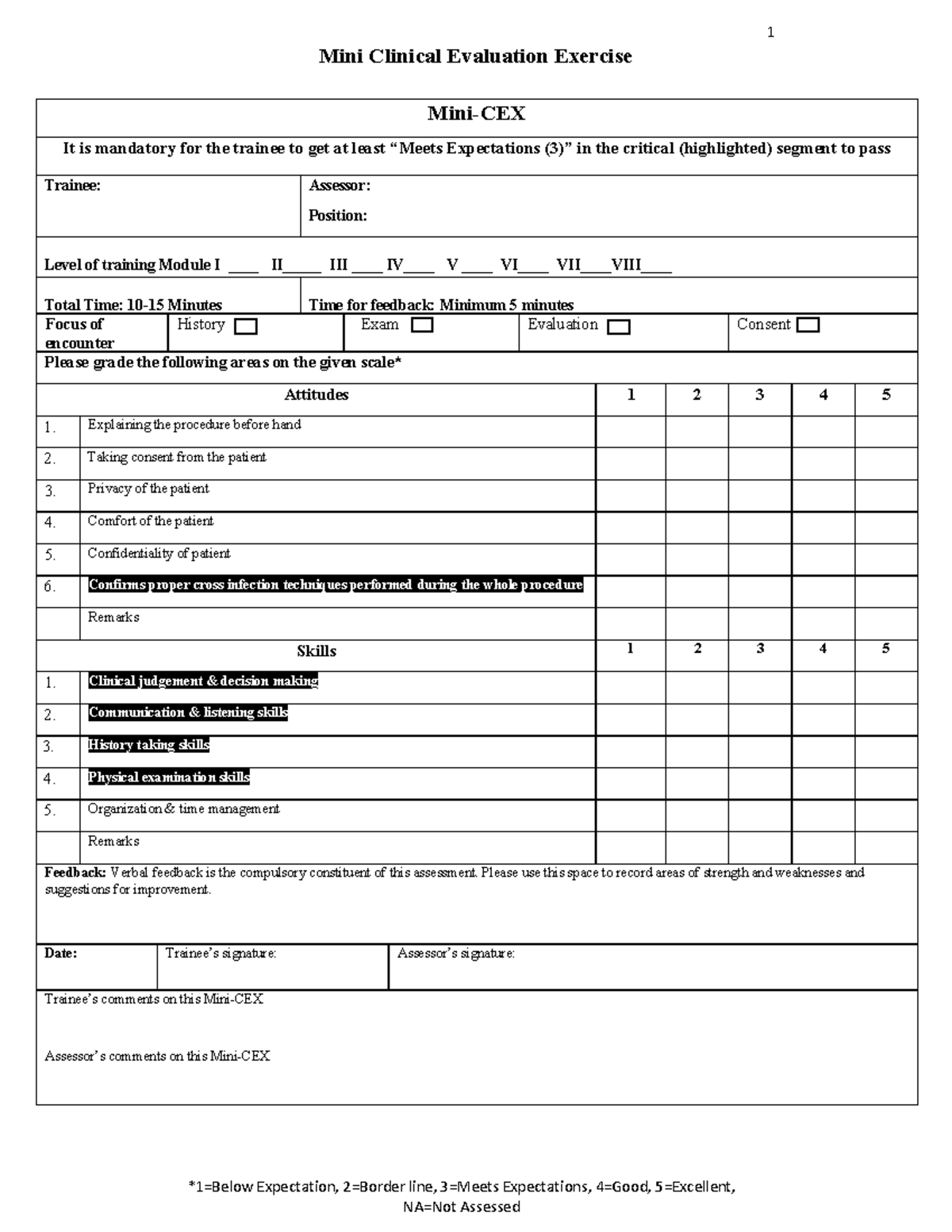 MINI-CEX Form - ouhliug - Mini Clinical Evaluation Exercise *1=Below ...