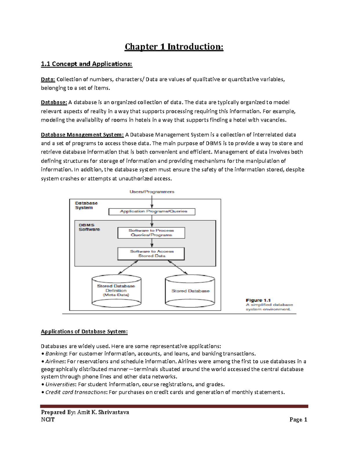 DBMS ch1 - DBMS ch1 - Prepared By: Amit K. Shrivastava Chapter 1 Introduction: 1 Concept and ...