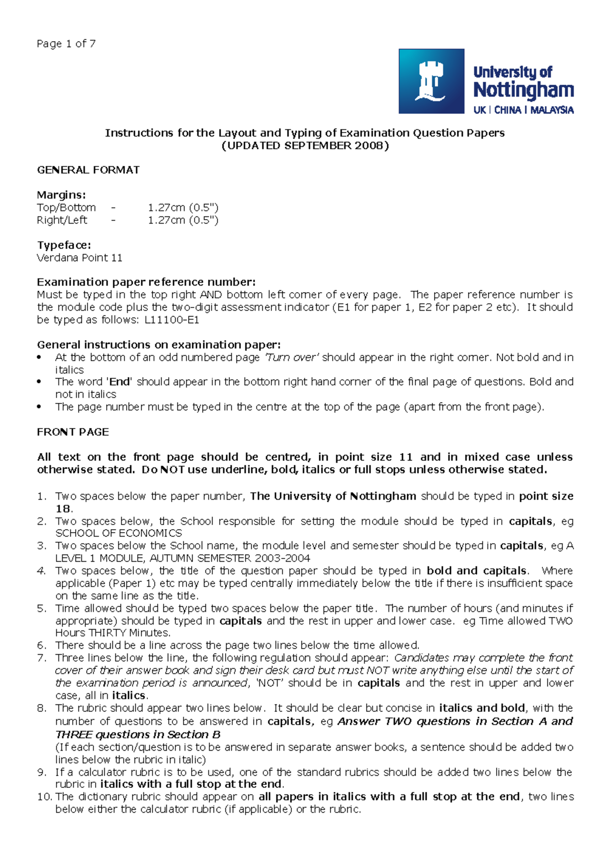 Instructions for layout of exam papers - Instructions for the Layout ...