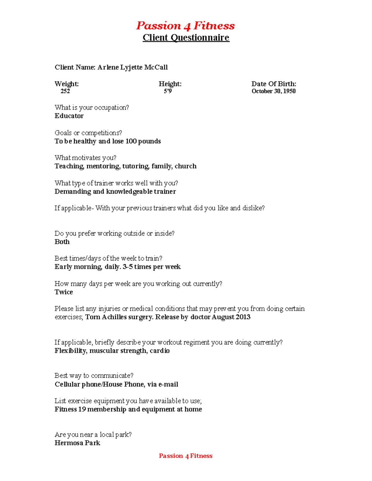 B. Client Questionnaire - Passion 4 Fitness Client Questionnaire Client ...