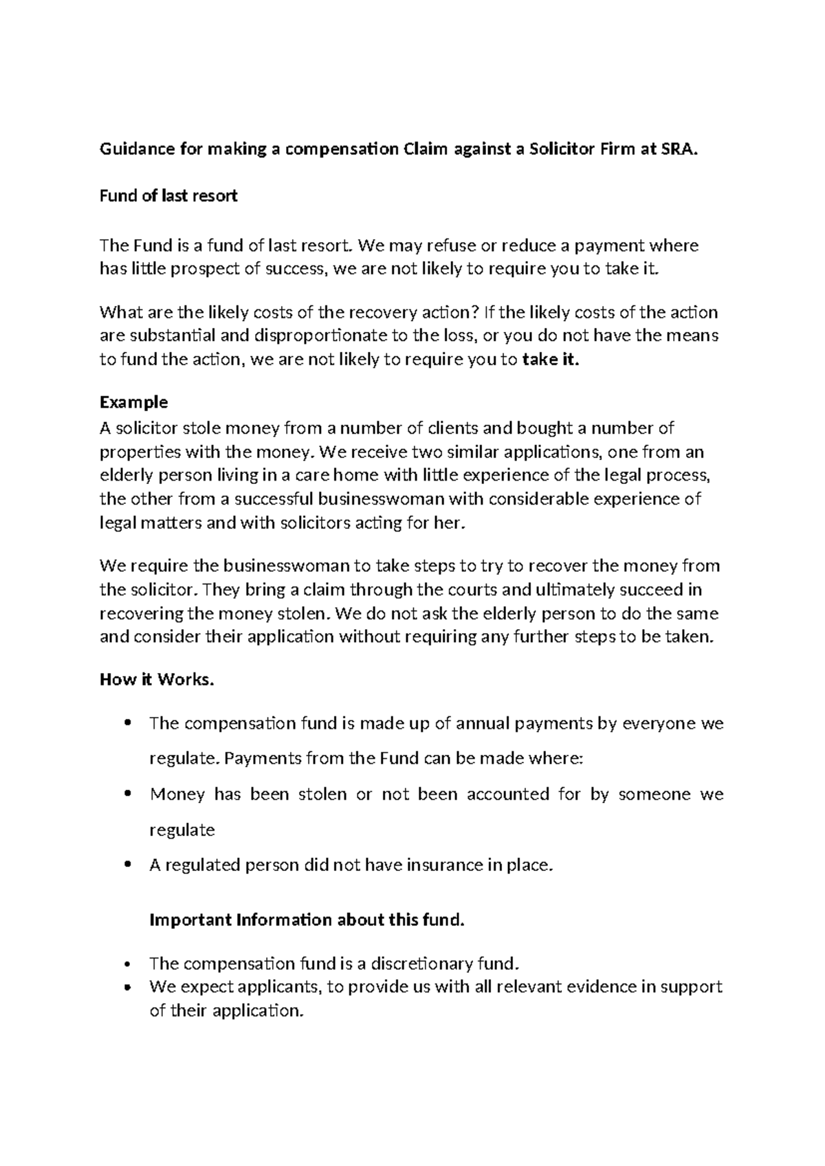 Guidance for making a compensation Claim against a Solicitor Firm at ...