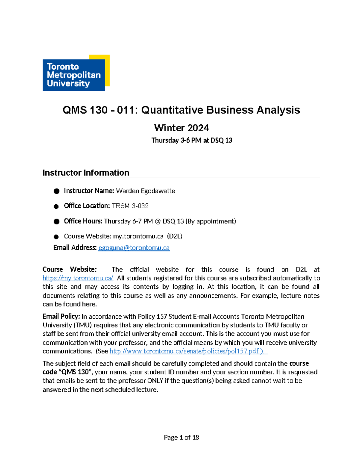 QMS 130 Course Outline Winter 2024 - QMS 130 - 011: Quantitative ...