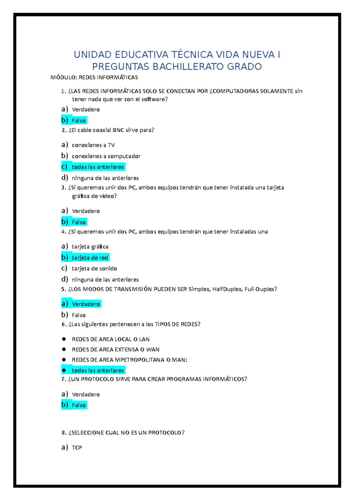Preguntas Informatica - UNIDAD EDUCATIVA TÉCNICA VIDA NUEVA I PREGUNTAS ...