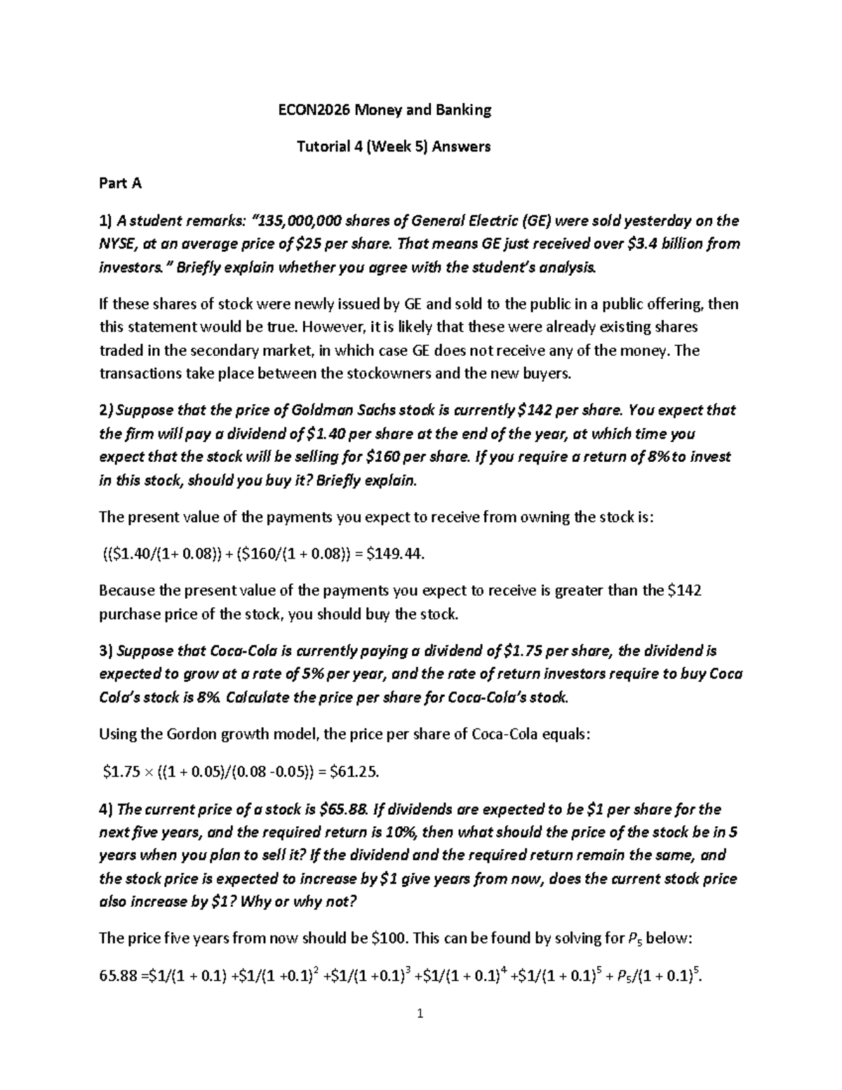 Tutorial 4 Answers - WEEK4 - ECON2026 Money and Banking Tutorial 4 (Week 5) Answers Part A A ...