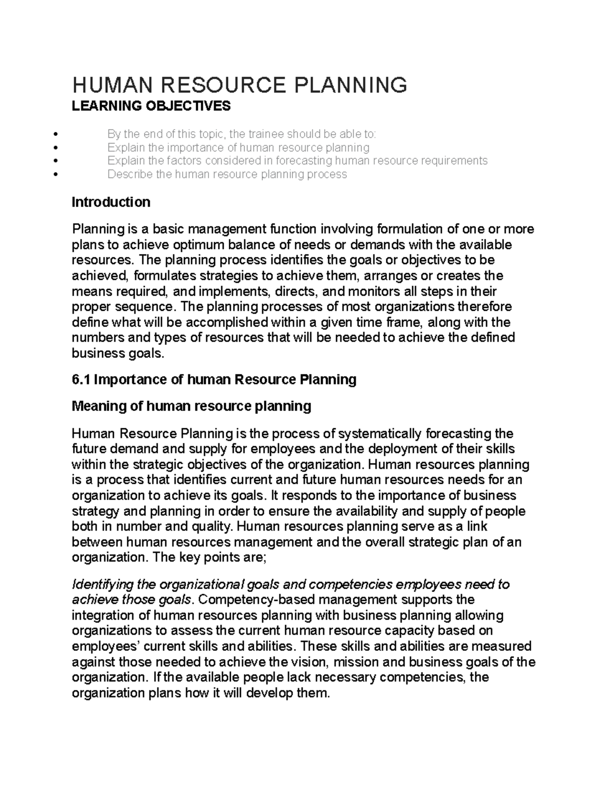 Human Resource Planning - HUMAN RESOURCE PLANNING LEARNING OBJECTIVES ...