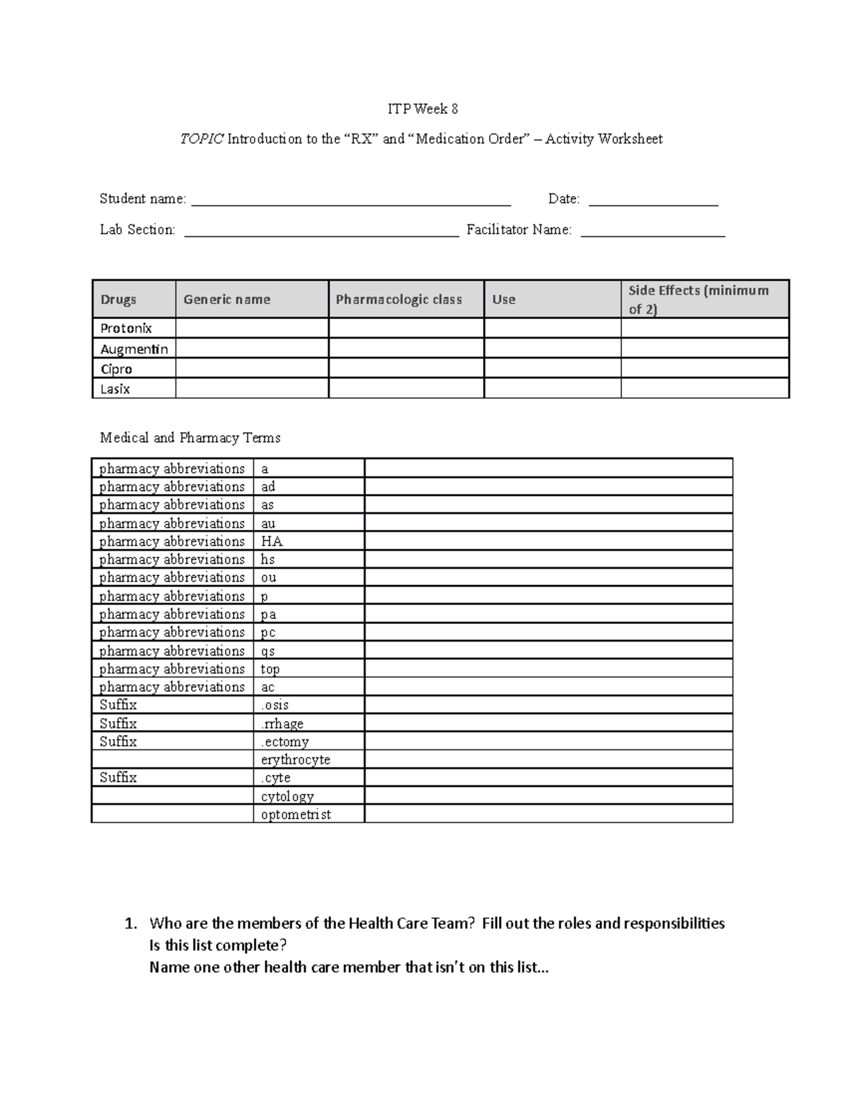 ITP Introduction to RX and medication orders worksheet 2020 - ITP Week ...