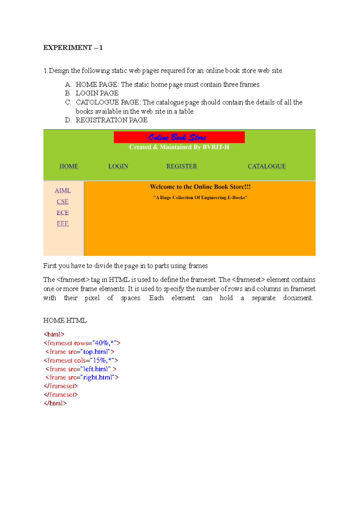 Experiment - 1 & 2 - NODE JS - EXPERIMENT – 1 1 the following static web pages required for an ...