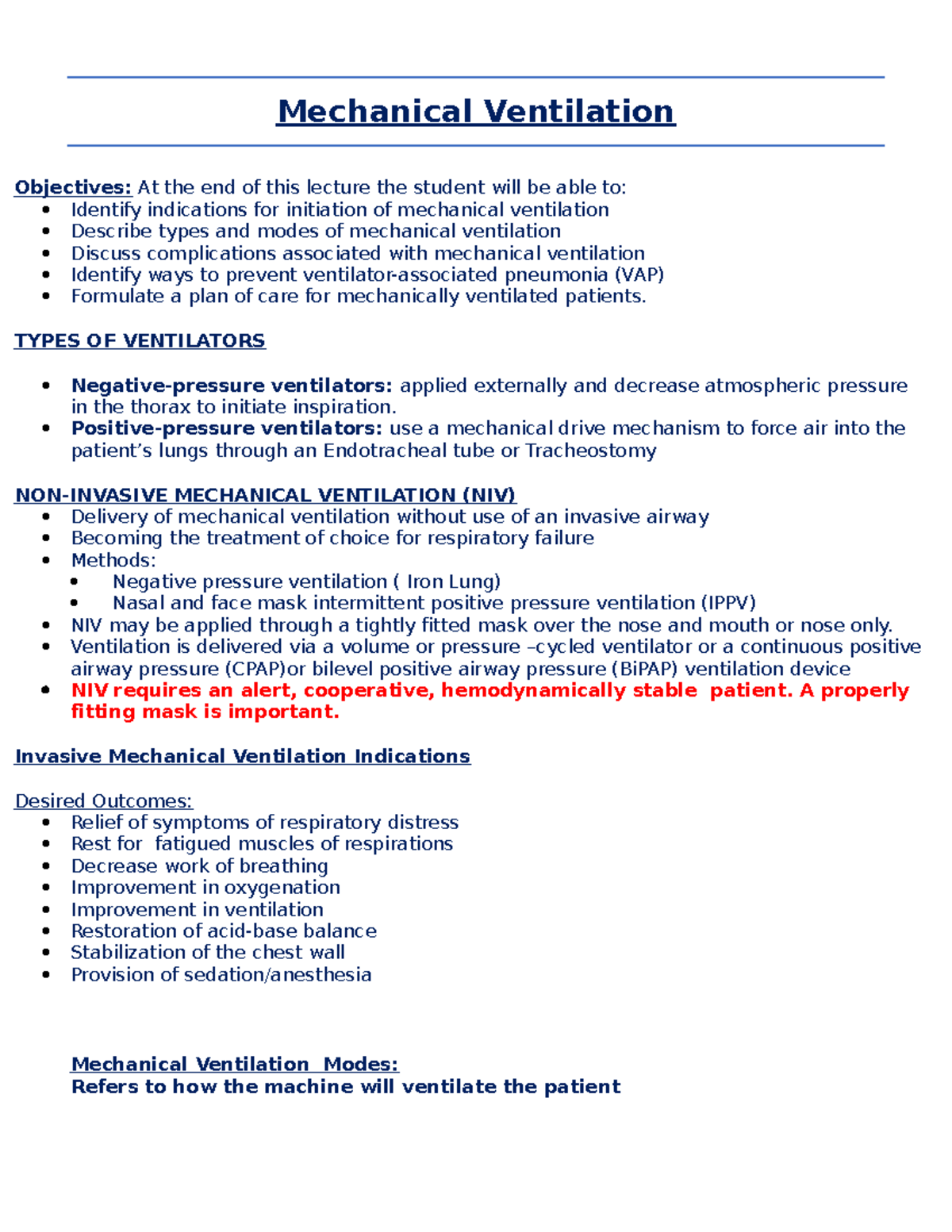 Mechanical Ventilation Study Guide - Mechanical Ventilation Objectives ...