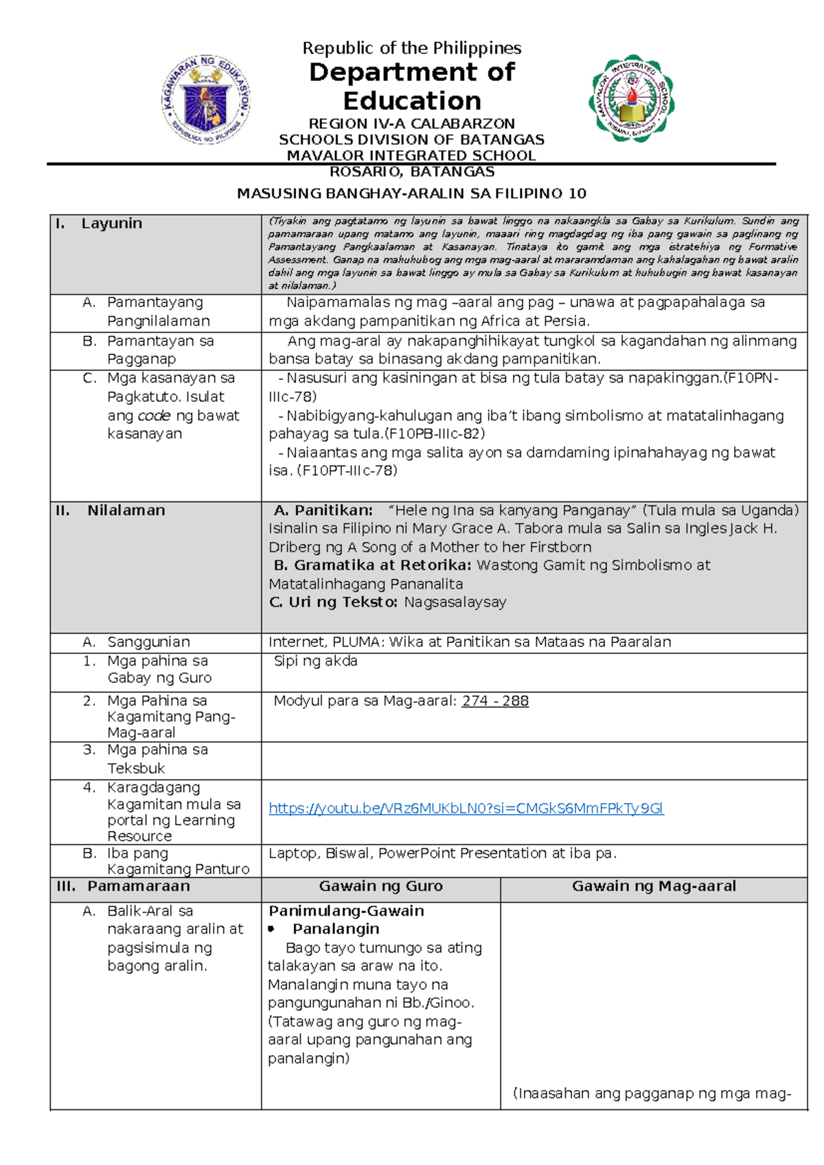 Lesson plan Hele ng Ina sa kanyang Panganay - MASUSING BANGHAY-ARALIN ...