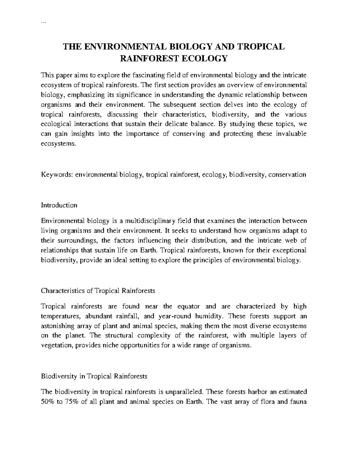 THE Environmental Biology AND Tropical Rainforest Ecology - BIOL1431 ...