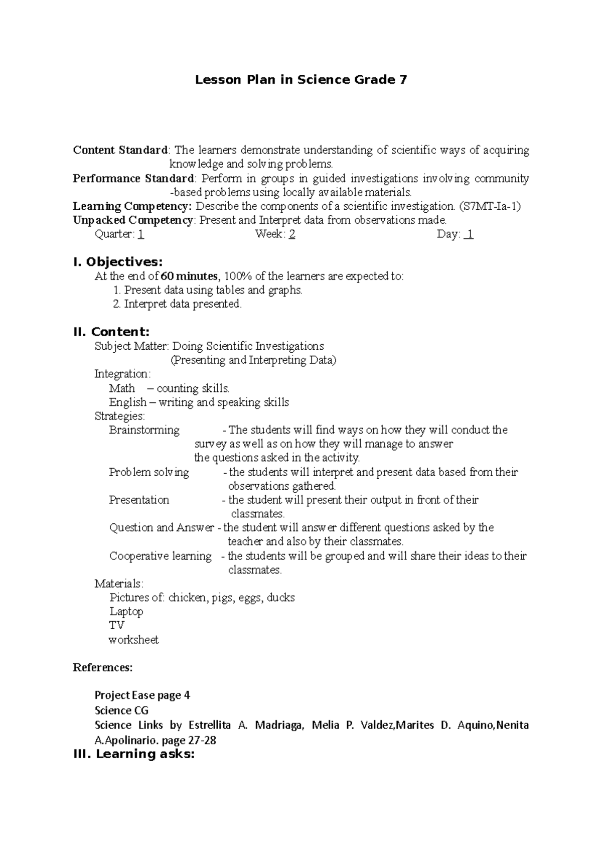 1 - Essay - Lesson Plan in Science Grade 7 Content Standard: The ...