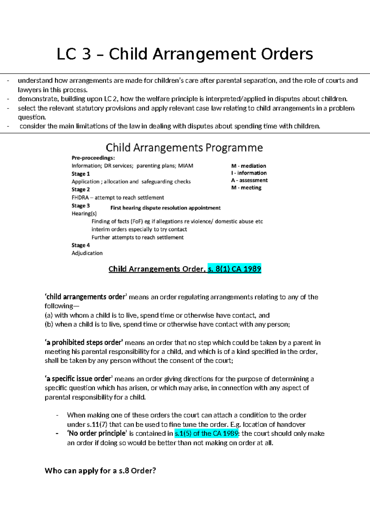 Child Arrangements Orders - LC 3 – Child Arrangement Orders Child Arrangements Order, s. 8(1) CA ...
