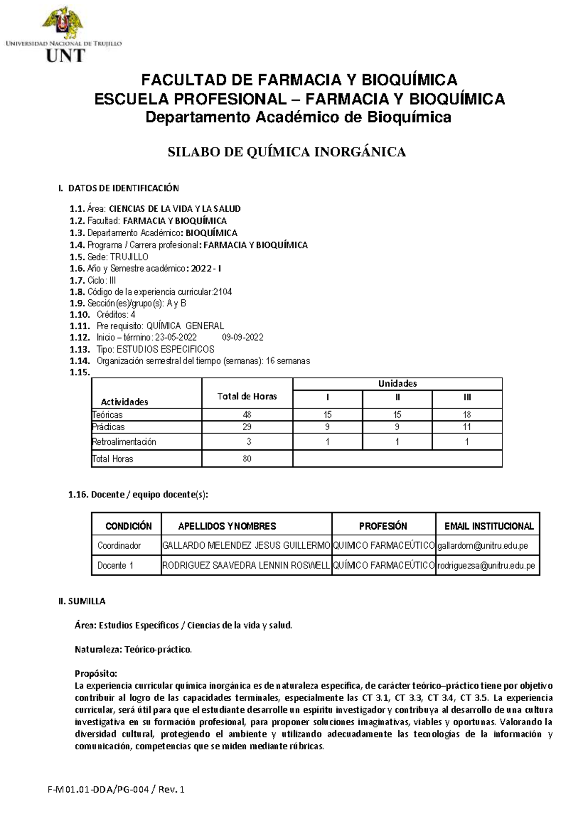 Silabo Química Inorgánica - FACULTAD DE FARMACIA Y BIOQUÍMICA ESCUELA ...