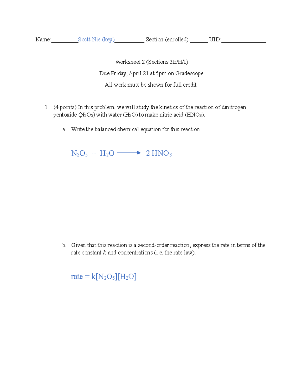Chem 14c Worksheet 2 Key Name Scott Nie Key Section Enrolled Uid