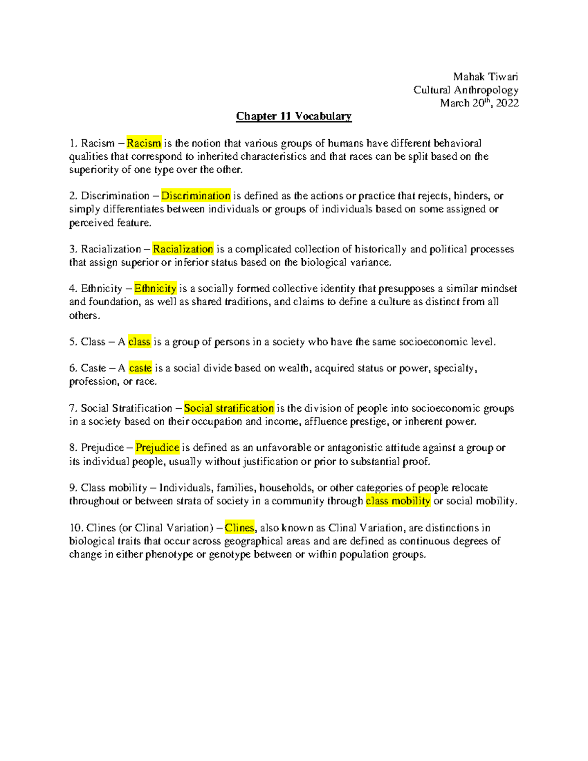 Chap 11 Vocab MT - Mahak Tiwari Cultural Anthropology March 20th, 2022 ...
