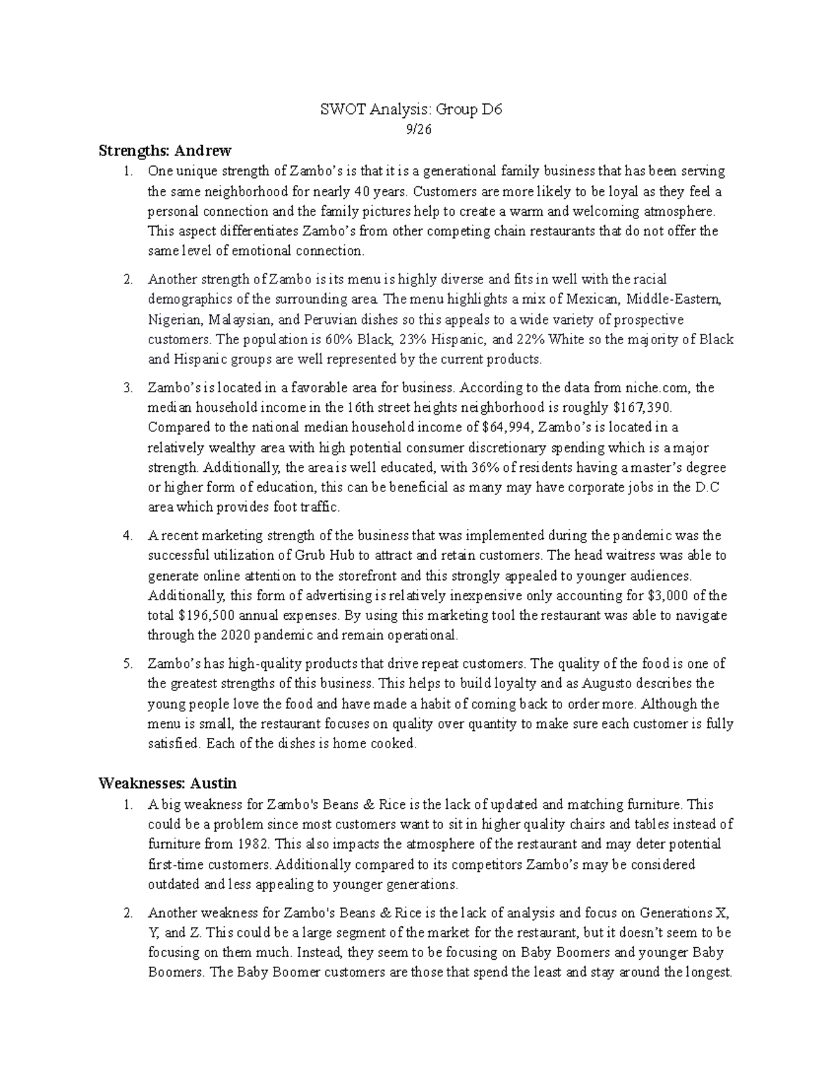 Practicum SWOT Analysis Group D6 - SWOT Analysis: Group D 9/ Strengths ...
