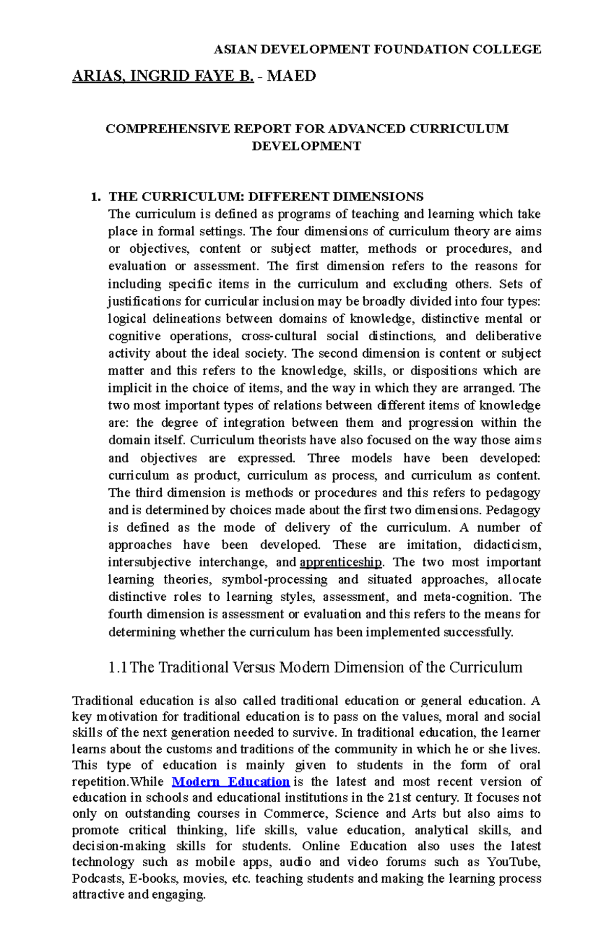 Coprehensive Report FOR Advanced Curriculum Development - ASIAN ...