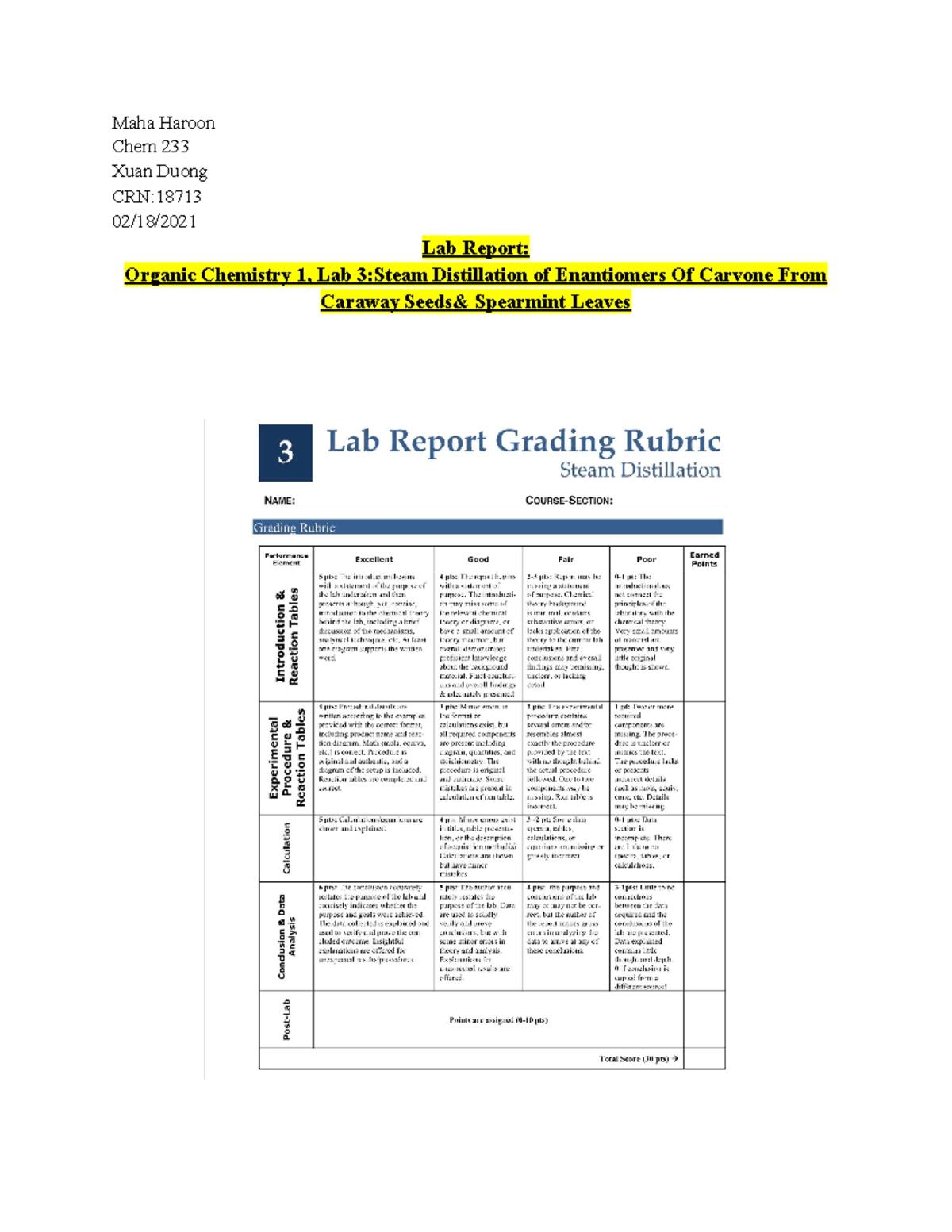 Orgo Post Lab 3 - Orgo- Lab report - Maha Haroon Chem 233 Xuan Duong ...