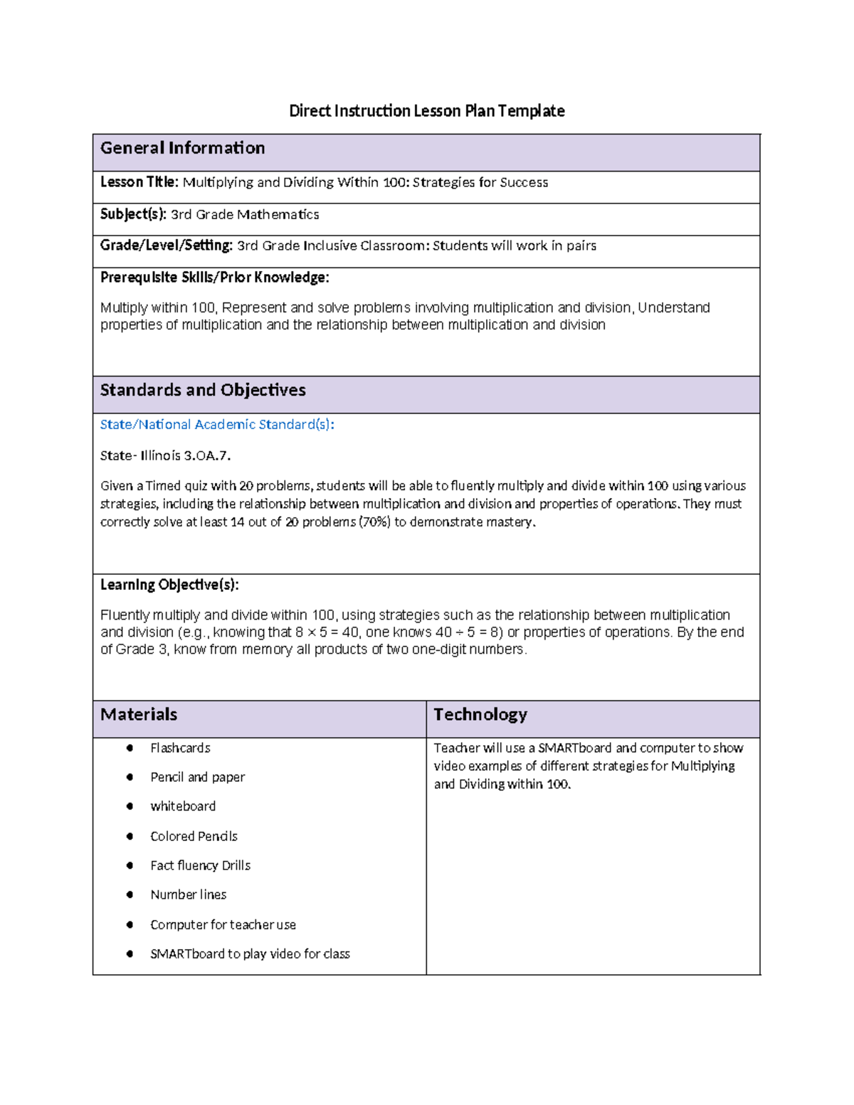 Task 2 - Direct Instruction Lesson Plan - Direct Instruction Lesson ...