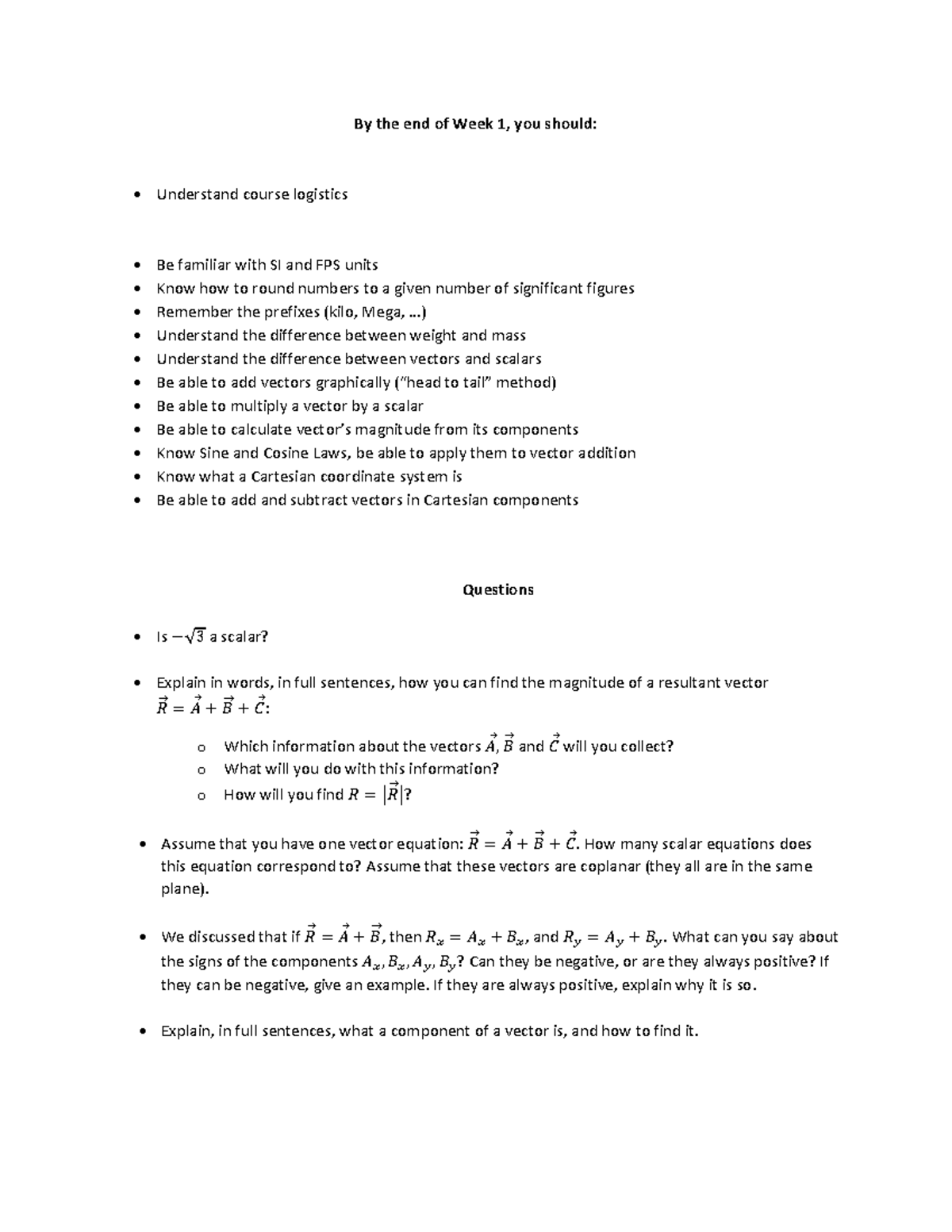 PHYS 170 Learning Goals Week 1 - By the end of Week 1, you should ...