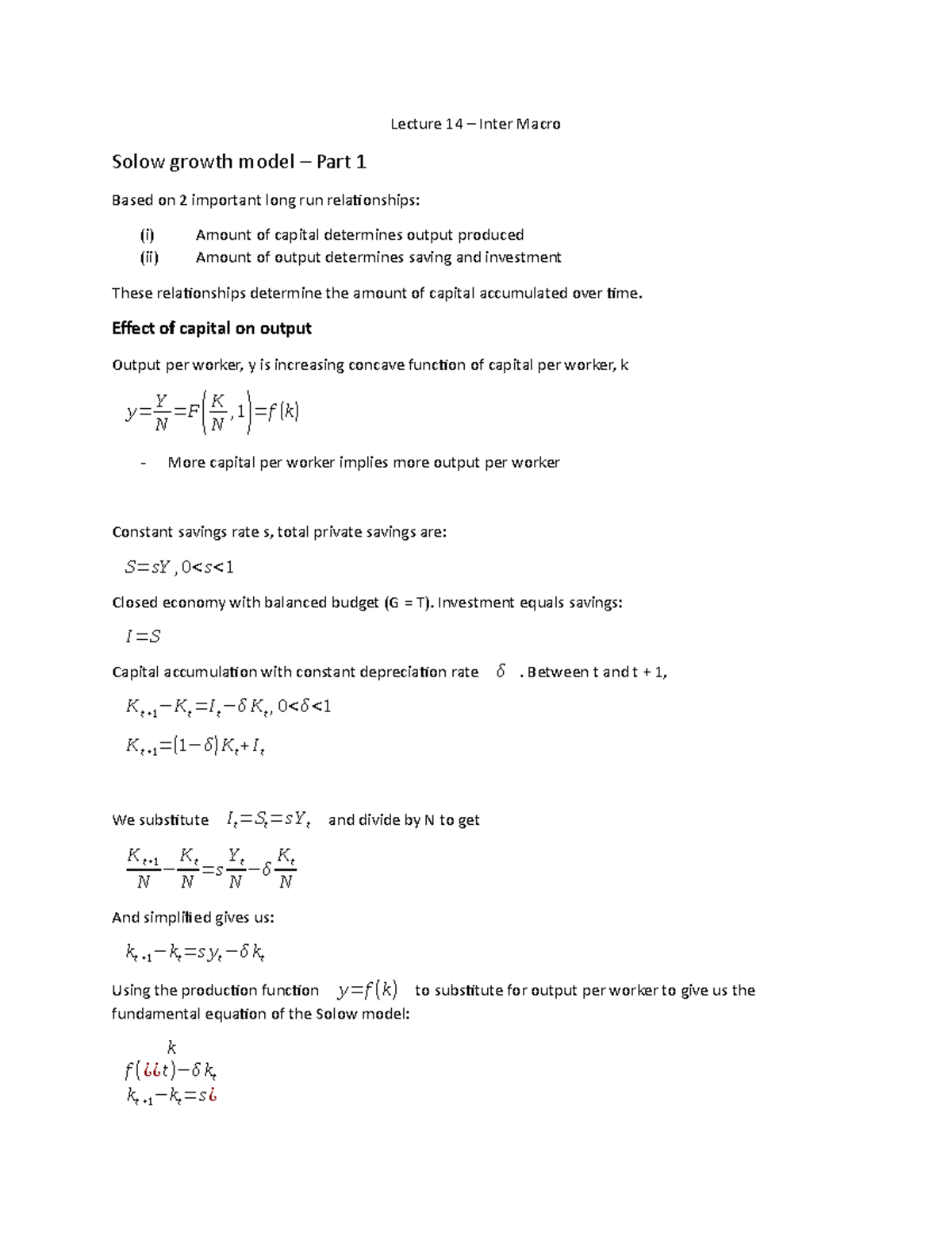 Lecture 14 Inter Macro Lecture 14 Inter Macro Solow Growth Model Part 1 Based On 2